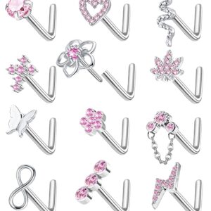 Staligue 12pcs Threadless Push in Nose Rings 20g L Shaped Dangle Push in Nose studs Stainless Steel Pushin Nose Screw Studs For Women L Shaped Screw Studs Flower Heart Nose Push in Piercing Jewelry