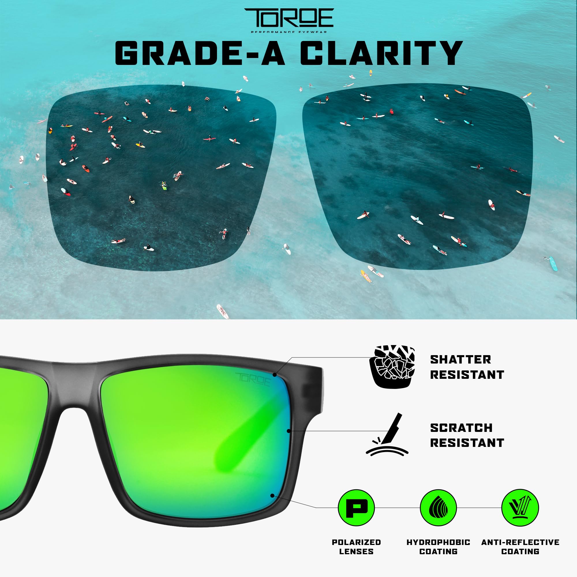 TOROE Special Emerald Green Polarized Polycarbonate Lens Script Sunglasses - Frost Gray TR90 Frame (Frost Gray | Midnight Green Lens)