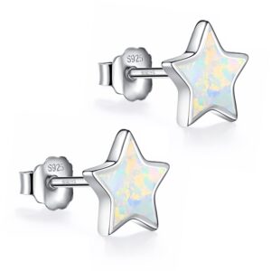 white gold plated sterling silver opal stud earrings 3mm-8mm options, simulated opal dot studs hypoallergenic jewelry (7, white-star)