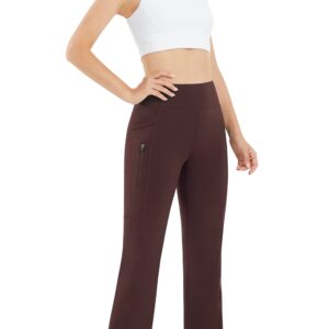 AFITNE Fleece Lined Pants Women Flare Leggings Bootcut Straight Leg Yoga Pants High Waisted Winter Warm Thermal Pants with Pockets-Brown-M