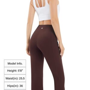 AFITNE Fleece Lined Pants Women Flare Leggings Bootcut Straight Leg Yoga Pants High Waisted Winter Warm Thermal Pants with Pockets-Brown-M