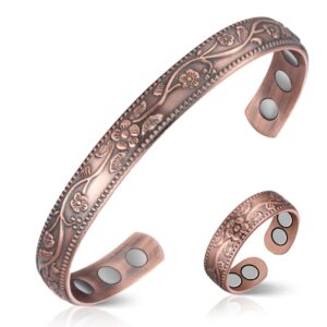 feraco copper bracelet & lymphatic drainage rings for women, vintage flower copper magnetic cuff bangle, 99.99% pure copper with neodymium magnets, adjustable with gift box