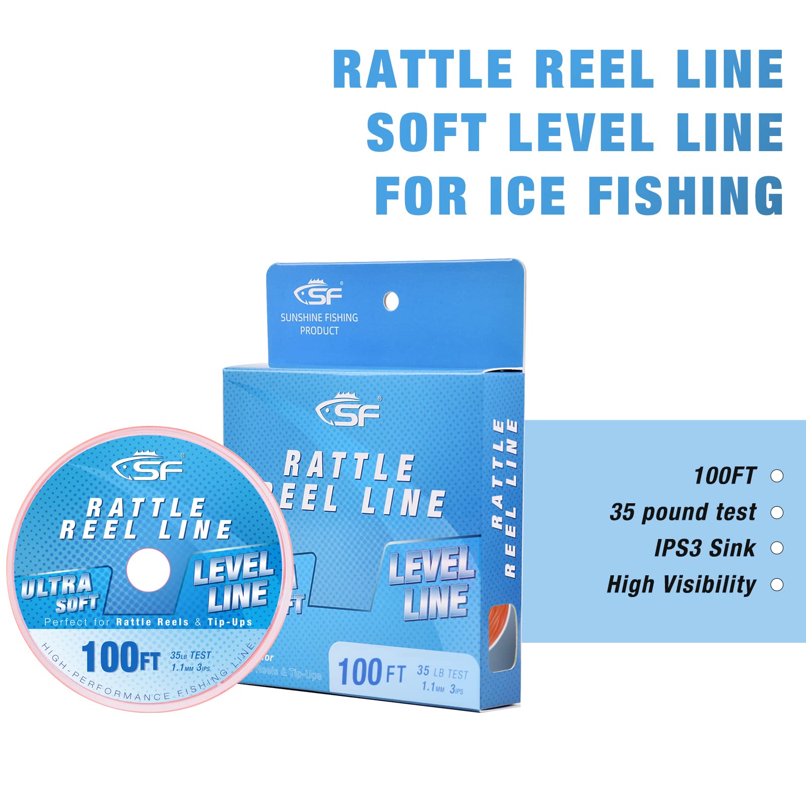 SF Rattle Reel Line for Ice Fishing Rattle Reels Tip-Up 100FT 35LB Sink Fluo Yellow