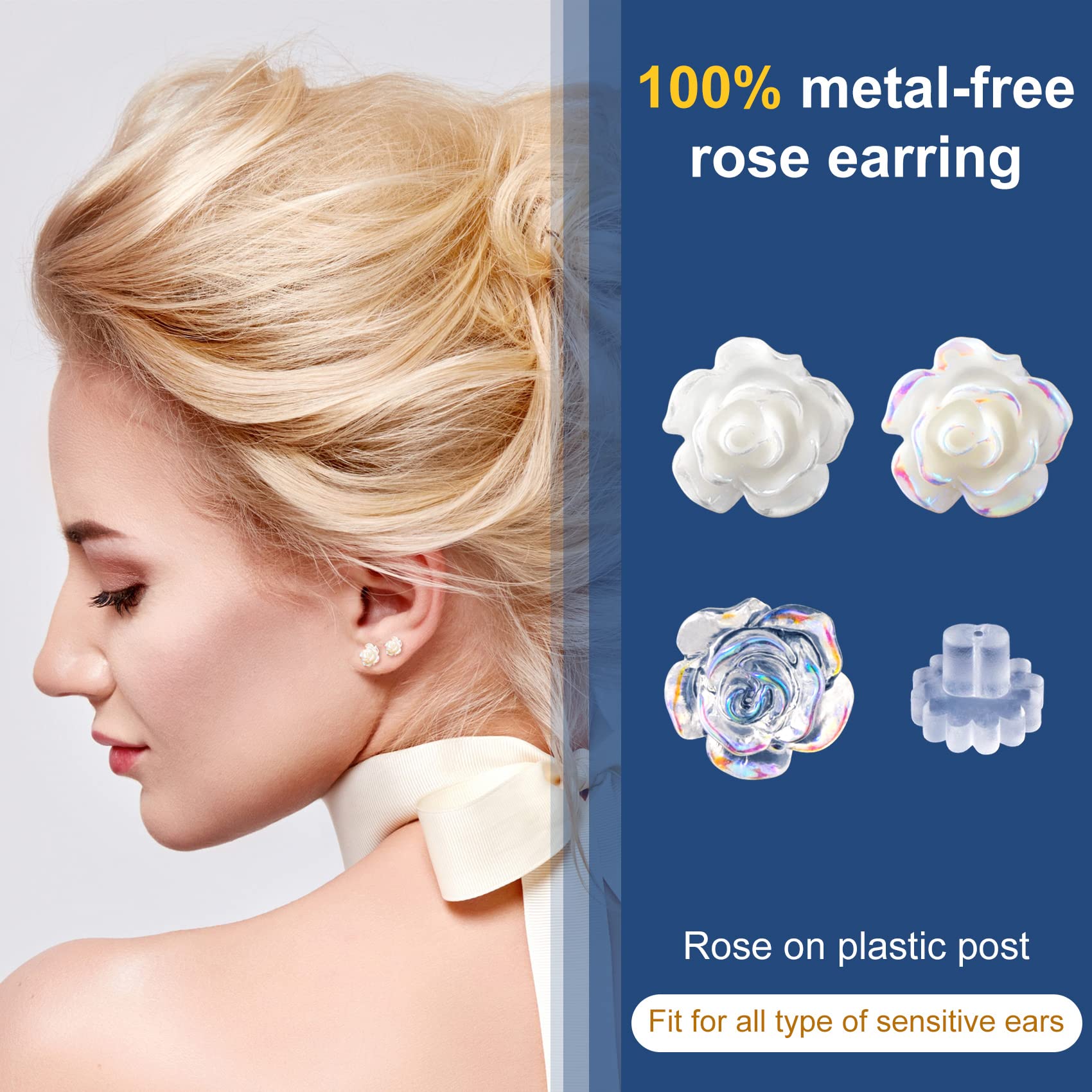 HINZIC 6 Pairs 6mm 8mm Plastic Clear Earrings 3D Rose Earrings Stud Post Hypoallergenic for Sensitive Ears Women Teen Girls Valentines Wedding Prom Mothers Day Gift