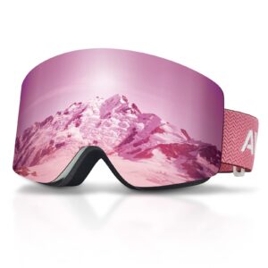 avaway rimless ski snow goggles pink, oversized detachable magnetic lens-uv protection anti fog winter sports safety glasses