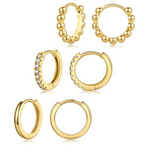 daily vibes small gold hoops huggie earrings for women 14k real gold plated dainty cubic zirconia mini bead cartilage earring hypoallergenic hoop earrings set for women