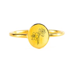 story jewellery birth month flower rings for women, gold plated engraved signet birth month floral rings for her, non-precious metal, no gemstone