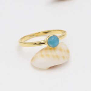 Larimar Ring, Dainty 18k Gold Stackable Ring, 5x5 mm Round Cabochon Natural Larimar Ring, Sterling Silver Handmade Ring, Ring for Her (10)