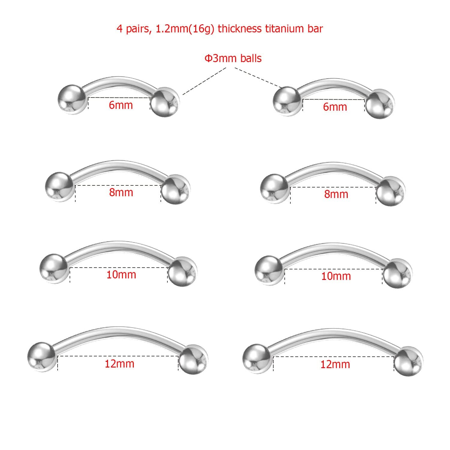 NewkeepsR 4 Pairs-16G(1.2mm) Titanium Bent Curved Barbell Banana Rook Front Helix Eyebrow Rings Piercing Jewellery 6mm/8mm/10mm/12mm