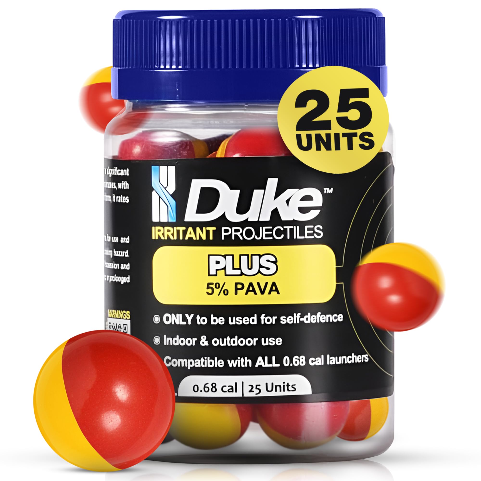 Duke Plus 68 Caliber Self Defense Balls - Non Lethal 68 Cal Ammo, Pepper Spray Paintballs, Pepper Spray Ammo, Defense Spray Projectile, Pepperspray Rounds, Pepper Gas Spray Rounds - 25 Count - 5% PAVA