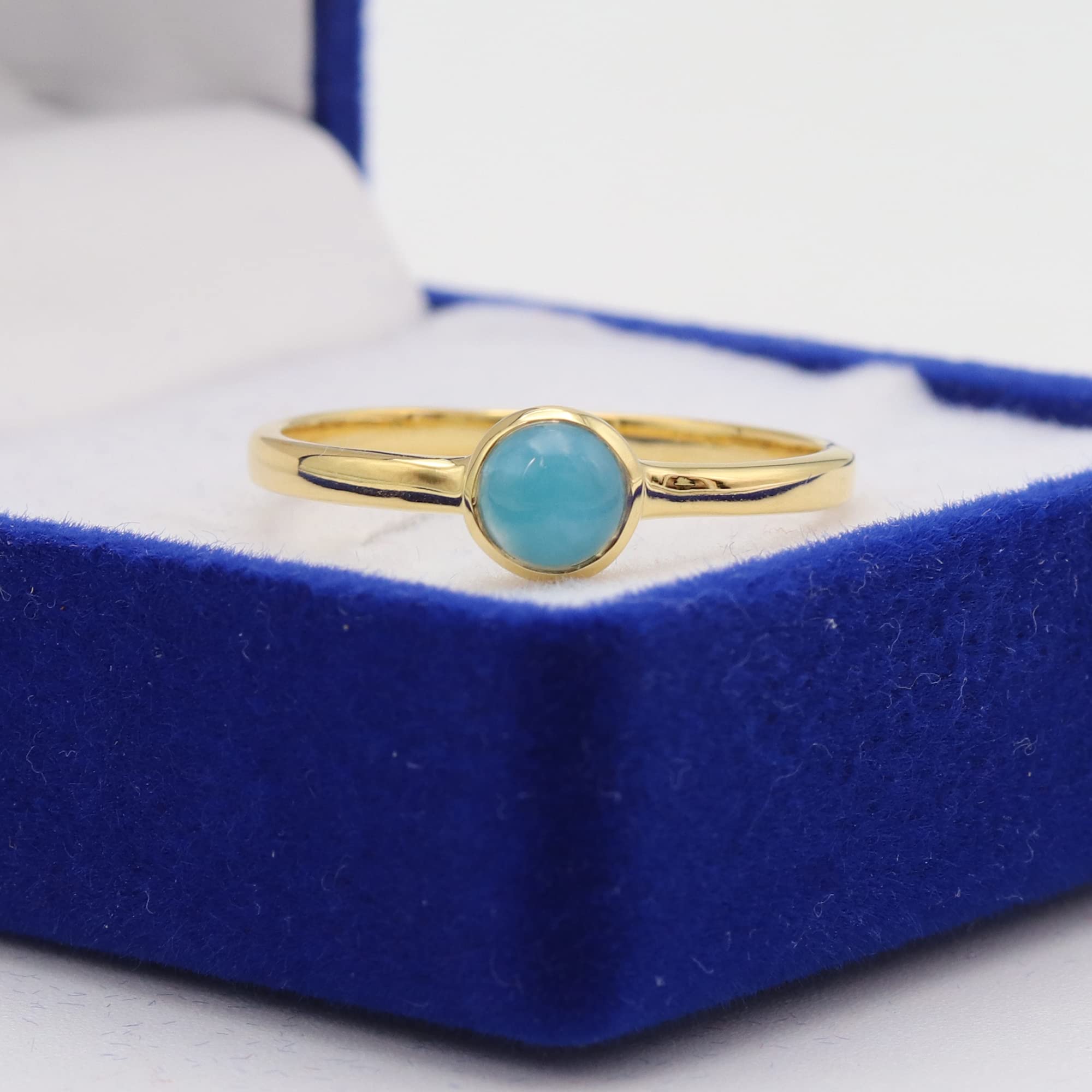 Larimar Ring, Dainty 18k Gold Stackable Ring, 5x5 mm Round Cabochon Natural Larimar Ring, Sterling Silver Handmade Ring, Ring for Her (10)