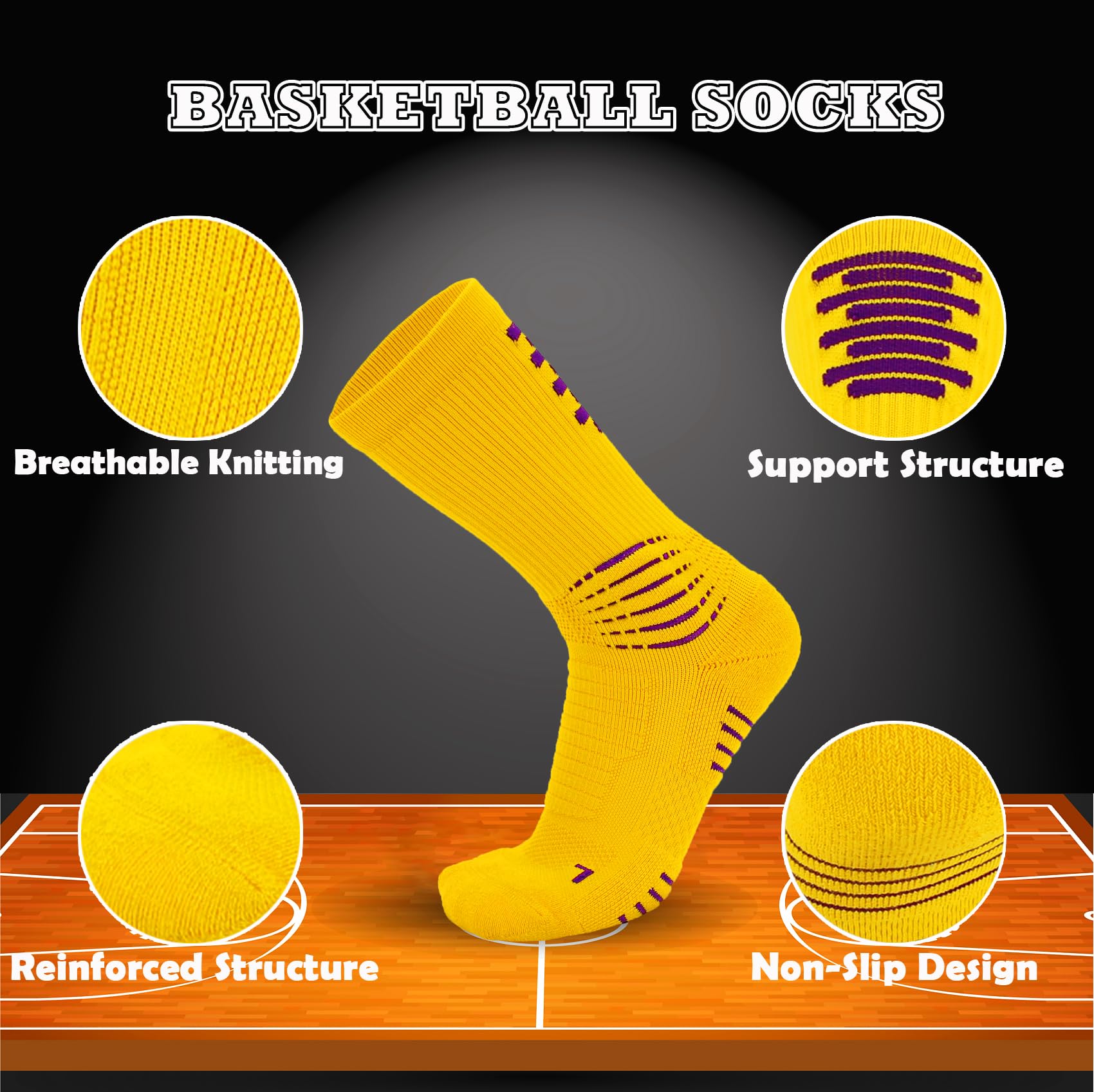 Keskale Elite Basketball Socks, Cushion Crew Athletic Sport Compression Socks for Men Women Youth, Yellow-B-1 pair, Medium-Large