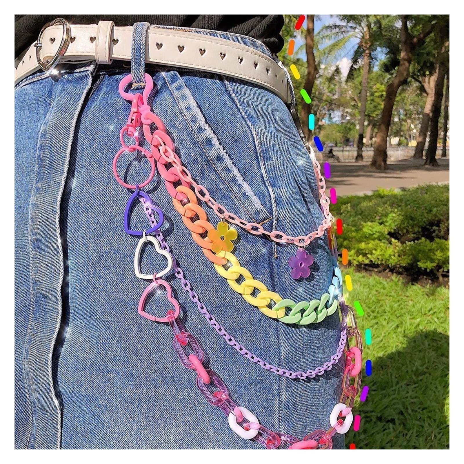 Chains for Jeans Hip-Hop Rainbow Resin Chain Cute Retro Pants Chain for Women Men Acrylic Heart Multilayer Punk Girls Party Jewellery Belt Waist Jewelry