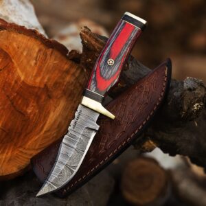 adam knives handmade damascus steel hunting knife | skinning knife | skinner knife | 102 woodsman fixed blade hunting knife with leather sheath | unique gift (red & black)