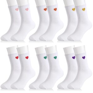 umigy 6 pair crew socks for women heart shape ankle high cotton fun cute athletic running socks valentine's day gifts for women size 9-11 teens, white