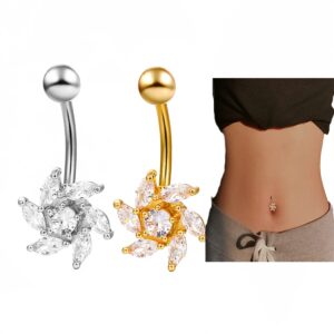 2pcs detoxifying slimming acupointtherapy bellyring, flower butterfly belly button rings, lymphdrainage bellybutton rings, non piercing acupressure slimming belly button rings (flower)