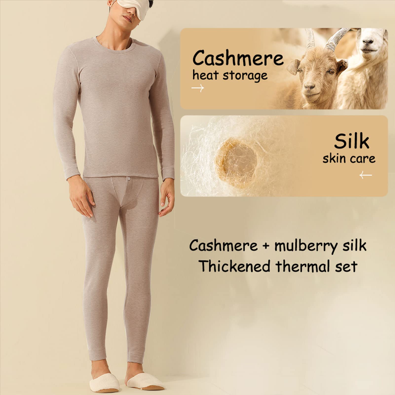 CUTEAS Long Johns Thermal Underwear for Men Cashmere And Mulberry Silk Fever German Fleece Lined Base Layer Set for Cold Weather,Khaki,XXL