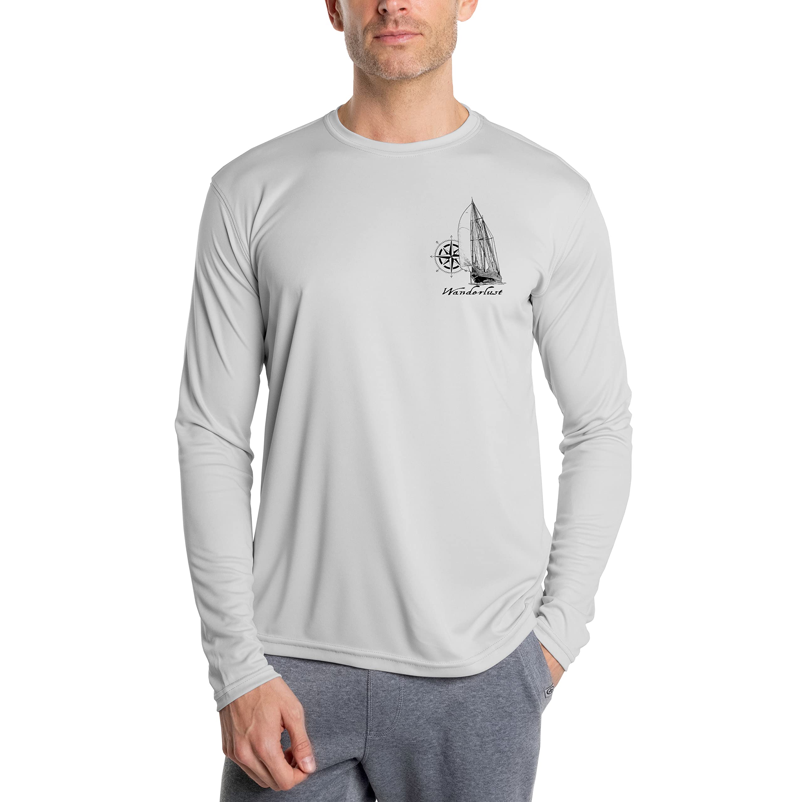 Vapor Apparel Men's Wanderlust Sailing Solar Outdoor UPF 50+ Long Sleeve T-Shirt, UV Sun Protection for Fishing, Running, Hiking, Pearl Grey, Medium