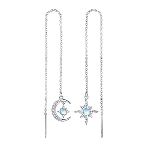 Threader Earrings for Women 925 Sterling Silver Moonstone Moon Star Earrings Tassel Threader Chain Earrings