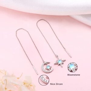 Threader Earrings for Women 925 Sterling Silver Moonstone Moon Star Earrings Tassel Threader Chain Earrings