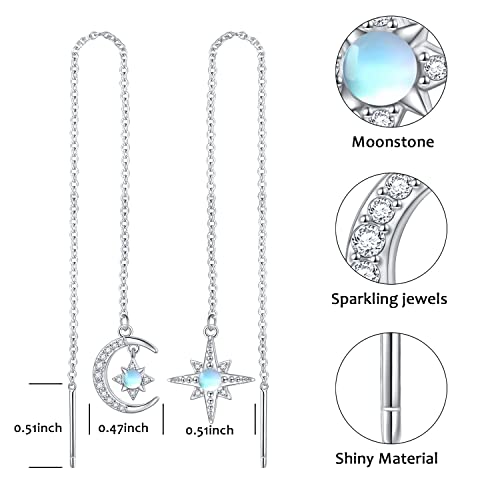 Threader Earrings for Women 925 Sterling Silver Moonstone Moon Star Earrings Tassel Threader Chain Earrings