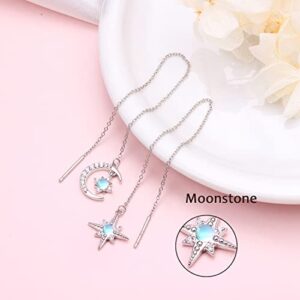 Threader Earrings for Women 925 Sterling Silver Moonstone Moon Star Earrings Tassel Threader Chain Earrings