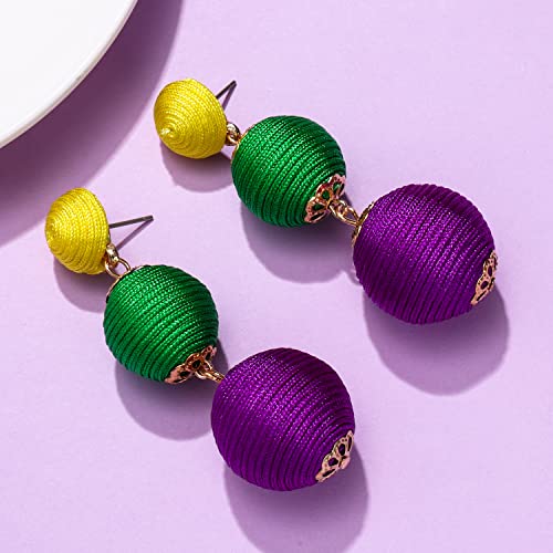 Raffia Earrings Boho Rattan Ball Earrings for Women Handmade Rattan Dangle Drop Earrings Summer Beach Long Earrings Holiday Accessory Gifts (Mardi Gras Color)