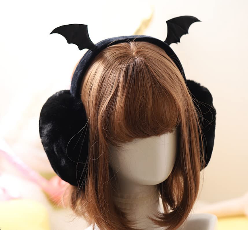 Kawaii Cute bat wing Ear muffs Faux Fur Warm Earmuffs Cute Outdoor Ear Warmers Black Women Girls Christmas Party Halloween (bat wing earmuff black)