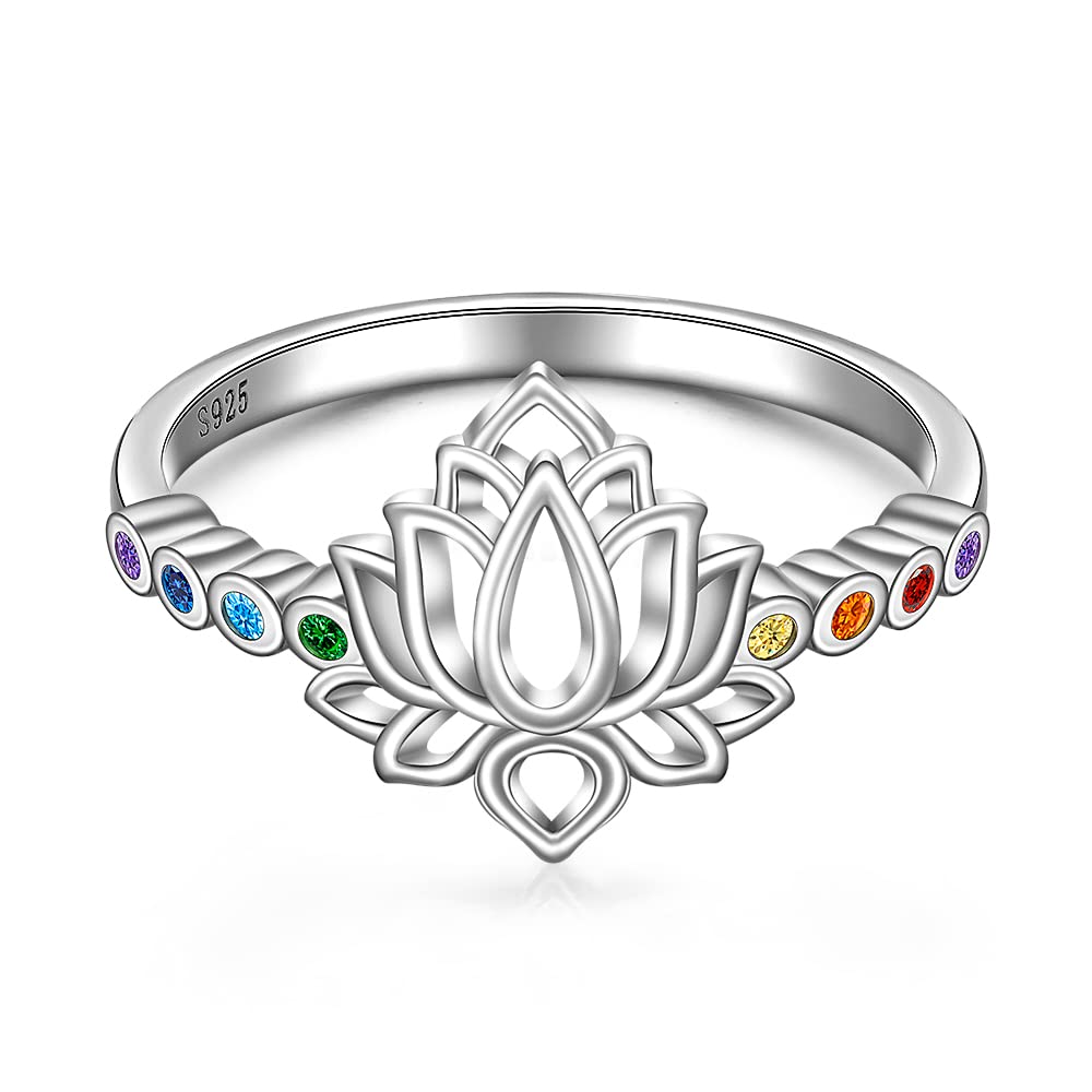 Lotus Ring Chakra Ring for Women Lotus Flower Rings Sterling Silver Yoga Chakras Jewelry Meditation Anxiety Relief Size 8