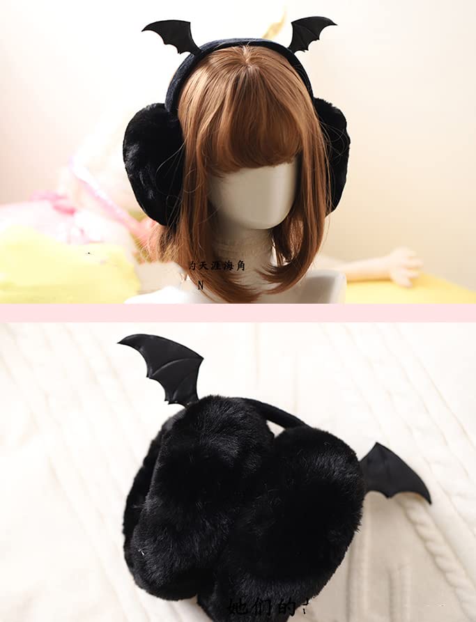 Kawaii Cute bat wing Ear muffs Faux Fur Warm Earmuffs Cute Outdoor Ear Warmers Black Women Girls Christmas Party Halloween (bat wing earmuff black)