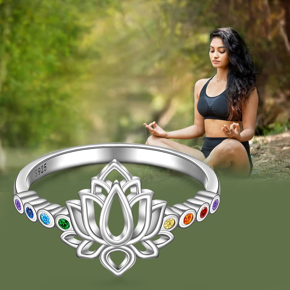 Lotus Ring Chakra Ring for Women Lotus Flower Rings Sterling Silver Yoga Chakras Jewelry Meditation Anxiety Relief Size 8