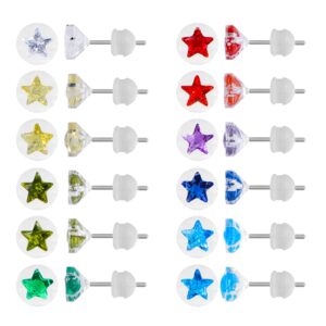 12 pairs plastic earrings for sensitive ears, plastic post stud earrings, star heart birthstone cubic zirconia cz stud earrings for women (star 3mm)