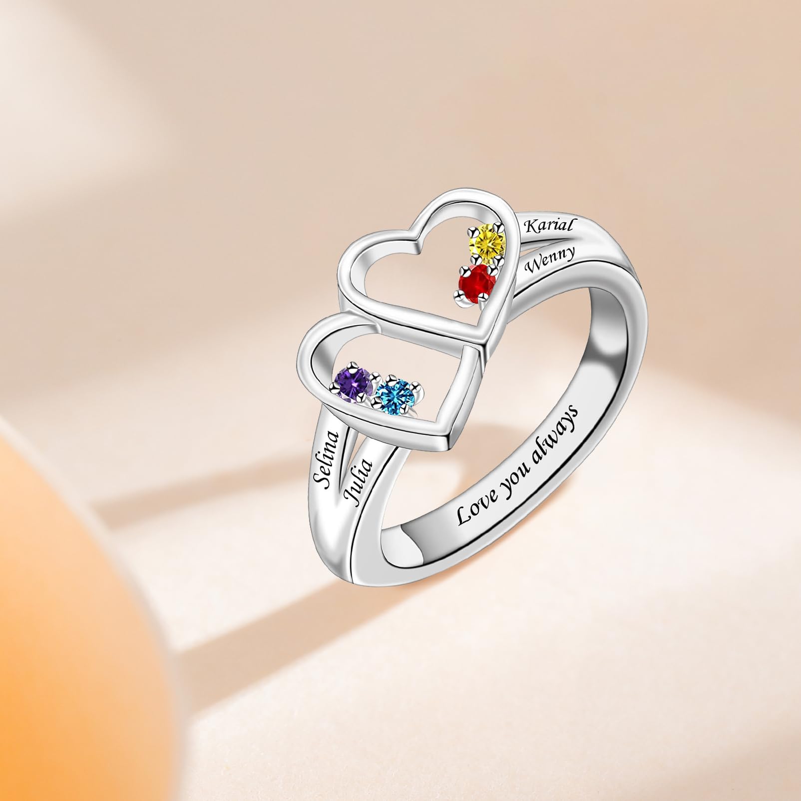 MissNaNa Customized Mothers Ring with 2-8 Birthstones & Names Personalized Birthstone Rings Family Name Rings Ideal Jewelry Gift for Wife Mother Grandma (3 Stones)