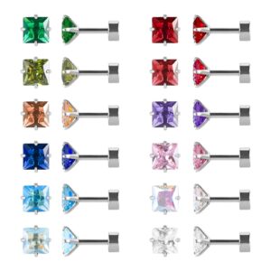 12 pairs surgical stainless steel flat back stud earrings,screw back gold plated teardrop square cubic zirconia birthstone stud earrings set for women (silver square 3mm)