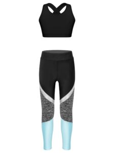 tiaobug kids girls crop tops and athletic leggings 2 pieces activewear set leopard print gym yoga workout outfits black&light blue e 12