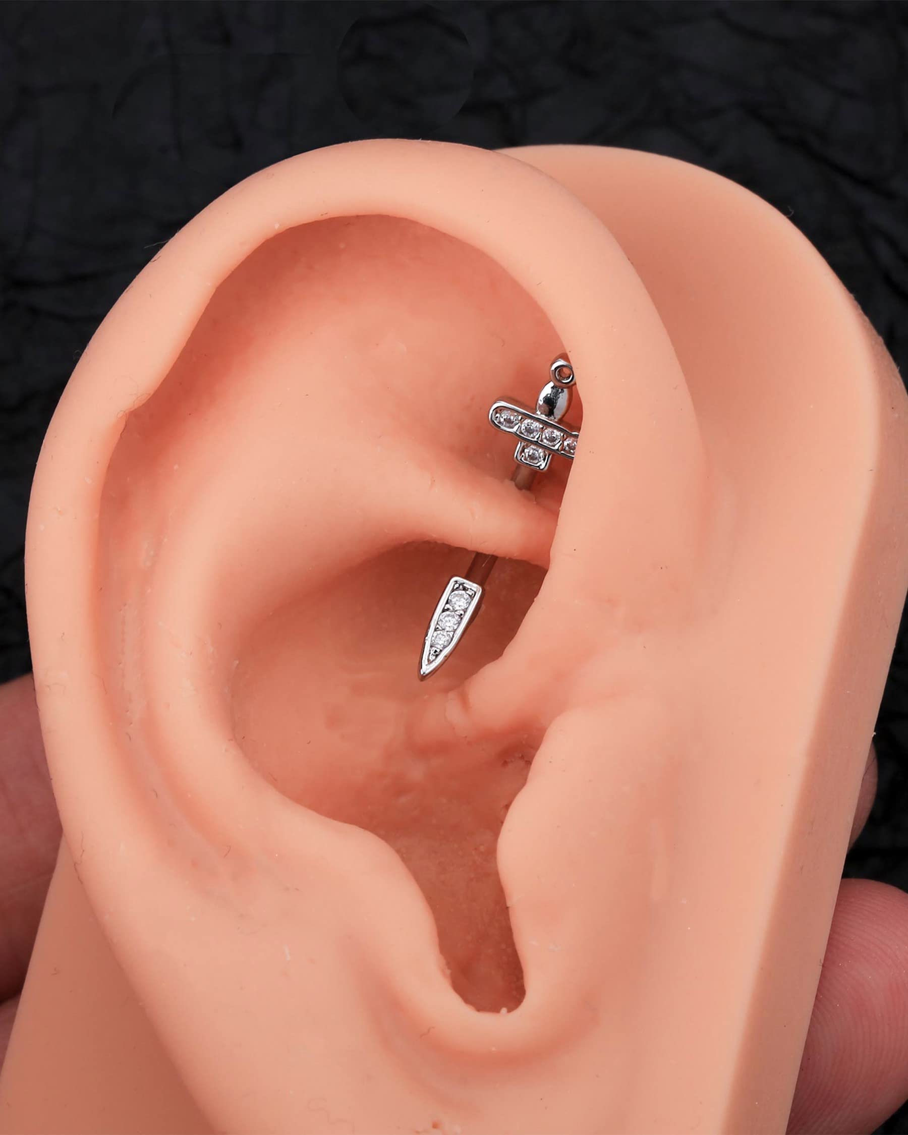 OUFER Rook Piercing Jewelry, 16G 316L Surgical Steel Daith Earrings, Dagger Rook Earrings, Clear CZ Eyebrow Rings, Curved Barbell, Conch Piercing Jewlery