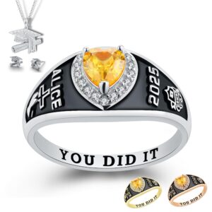 pjm customized sterling silver ladies high school and college class ring – lovely collection – fully personalized - mementos jewelry (sterling silver platinum)