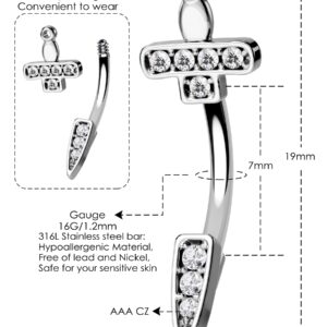 OUFER Rook Piercing Jewelry, 16G 316L Surgical Steel Daith Earrings, Dagger Rook Earrings, Clear CZ Eyebrow Rings, Curved Barbell, Conch Piercing Jewlery