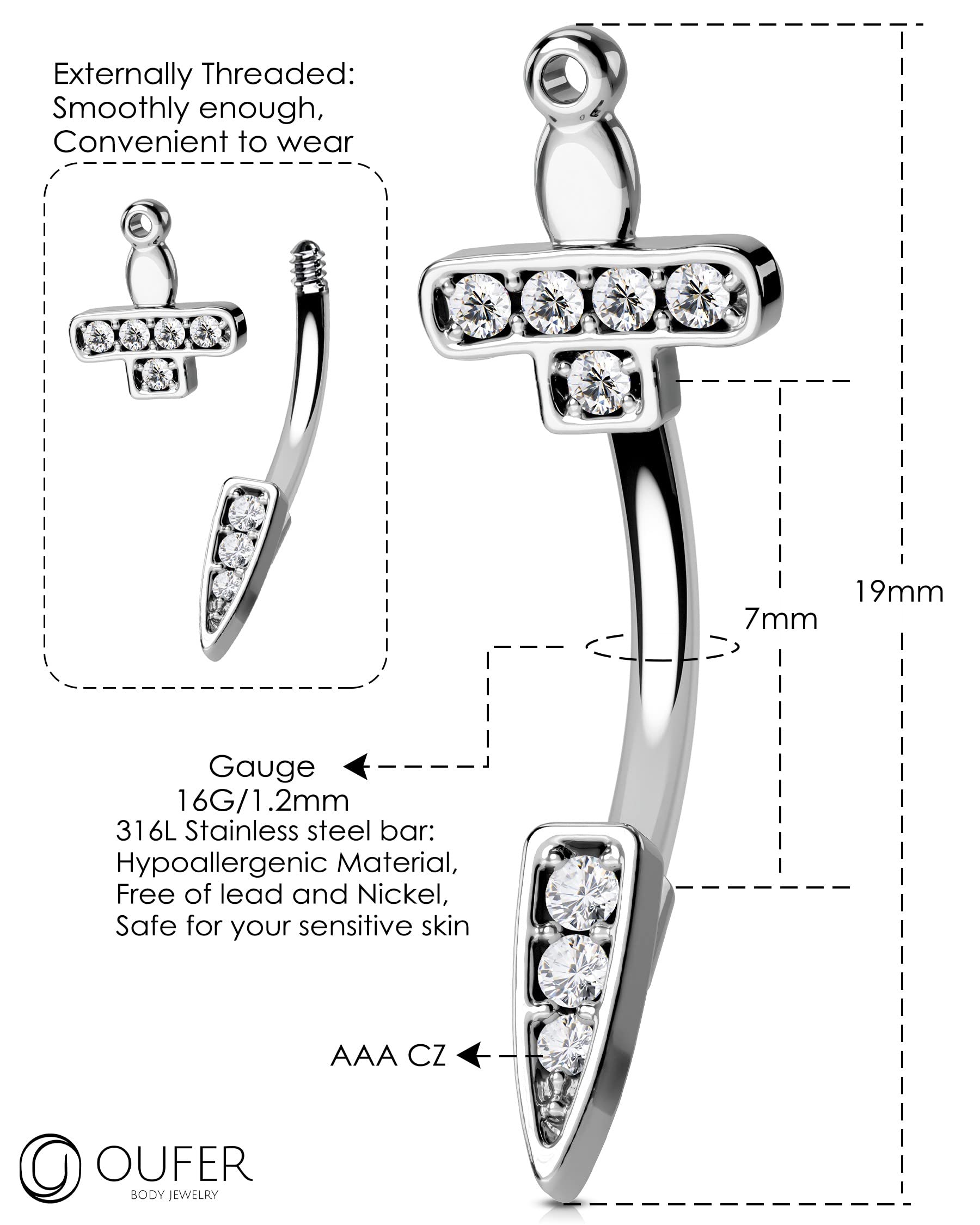 OUFER Rook Piercing Jewelry, 16G 316L Surgical Steel Daith Earrings, Dagger Rook Earrings, Clear CZ Eyebrow Rings, Curved Barbell, Conch Piercing Jewlery