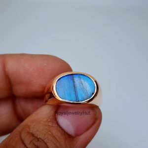 Flat Natural Labradorite Ring, Copper Ring, 925 Solid Sterling Silver Ring, Engagement Ring, Promise Ring, Blue Gemstone Ring, Oval Shape Horizontal Ring (Copper, 9.5)