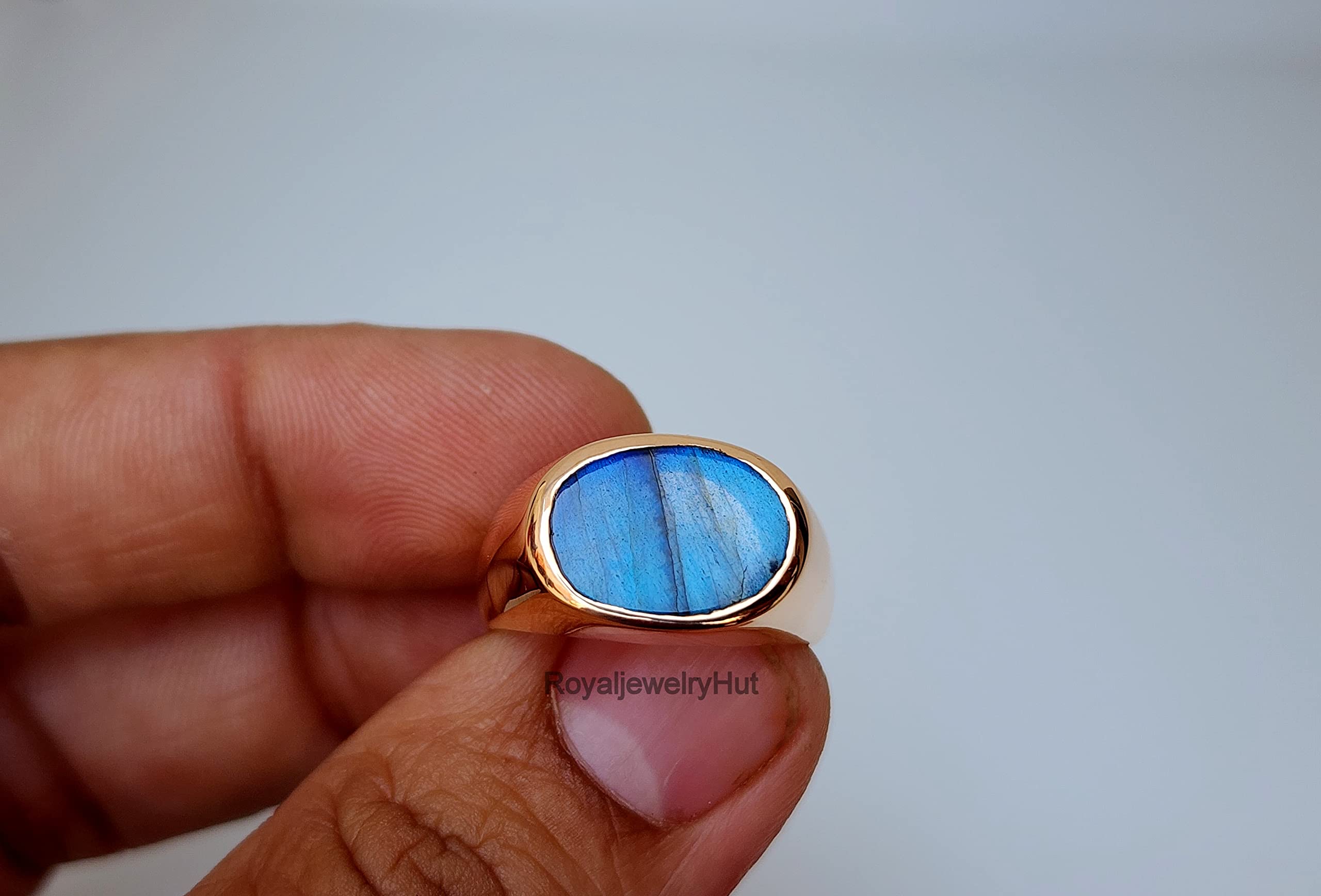 Flat Natural Labradorite Ring, Copper Ring, 925 Solid Sterling Silver Ring, Engagement Ring, Promise Ring, Blue Gemstone Ring, Oval Shape Horizontal Ring (Copper, 9.5)