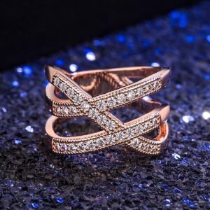 ZDIFDIC Fashion Rose Gold Overlapping Rings For Women Intertwined Crossover Statement X Ring Cross Ring Cubic Zirconia Ring Engagement Promise Band Wedding Rings for Women Gifts (7#)