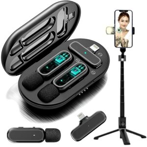 wireless microphone for iphone with tripod (2 pack) - professional vlog kit - 12h runtime 70ft range - clip-on mini lapel microphones for interviews, vlogs & podcasts - no usb-c, lightning port only