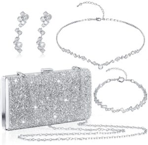 stablerice 4 pieces silver clutch purses bag for women evening rhinestone jewelry set bling necklace earrings bracelets set for wedding (stylish style)