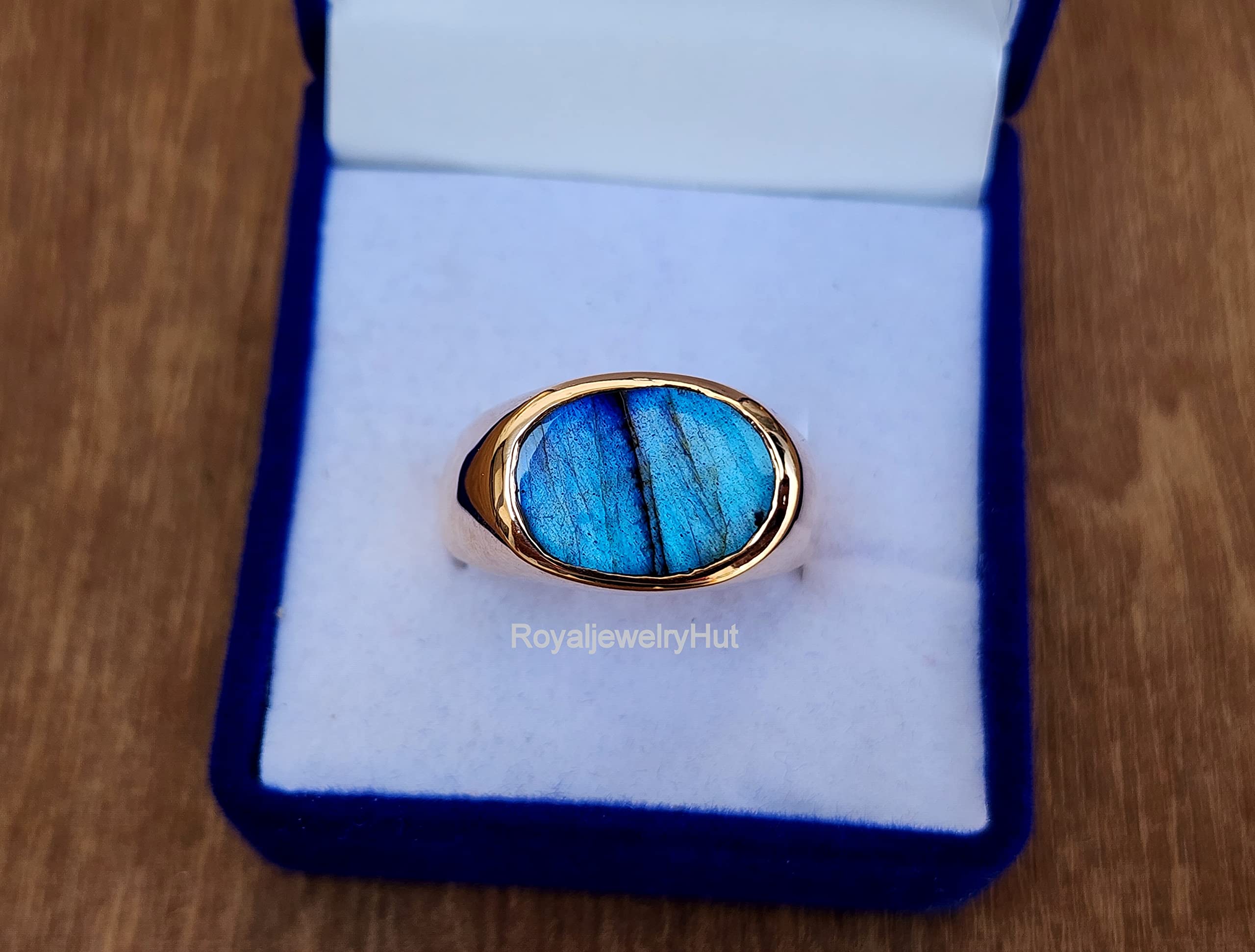 Flat Natural Labradorite Ring, Copper Ring, 925 Solid Sterling Silver Ring, Engagement Ring, Promise Ring, Blue Gemstone Ring, Oval Shape Horizontal Ring (Copper, 9.5)