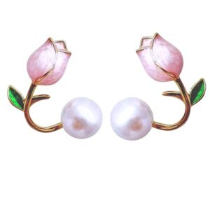 tulip pearl stud earrings jewelry 14k gold plated oil drop pearl pink flower earrings women by eonline