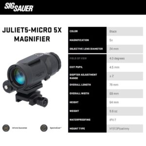 Sig Sauer JULIET5-MICRO 5x24mm Magnifier | Compact Durable Lightweight Fogproof Waterproof M1913 Picatinny Red Dot Sight Magnifier