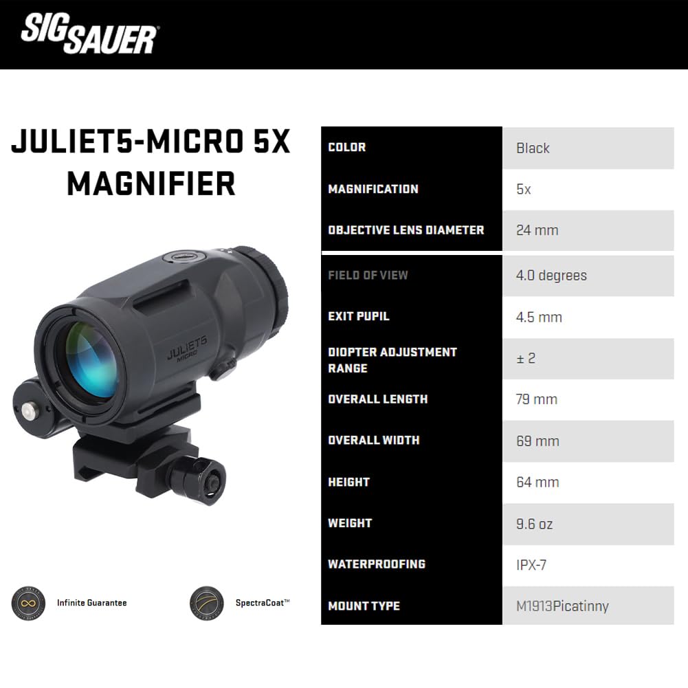 Sig Sauer JULIET5-MICRO 5x24mm Magnifier | Compact Durable Lightweight Fogproof Waterproof M1913 Picatinny Red Dot Sight Magnifier