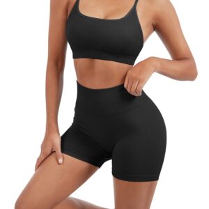 SUUKSESS Women Seamless 2 piece Workout Sets Strappy Padded Sports Bra Booty High Waisted Shorts Outfits (Black,M)