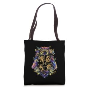 harry potter hogwarts floral shield crest logo tote bag